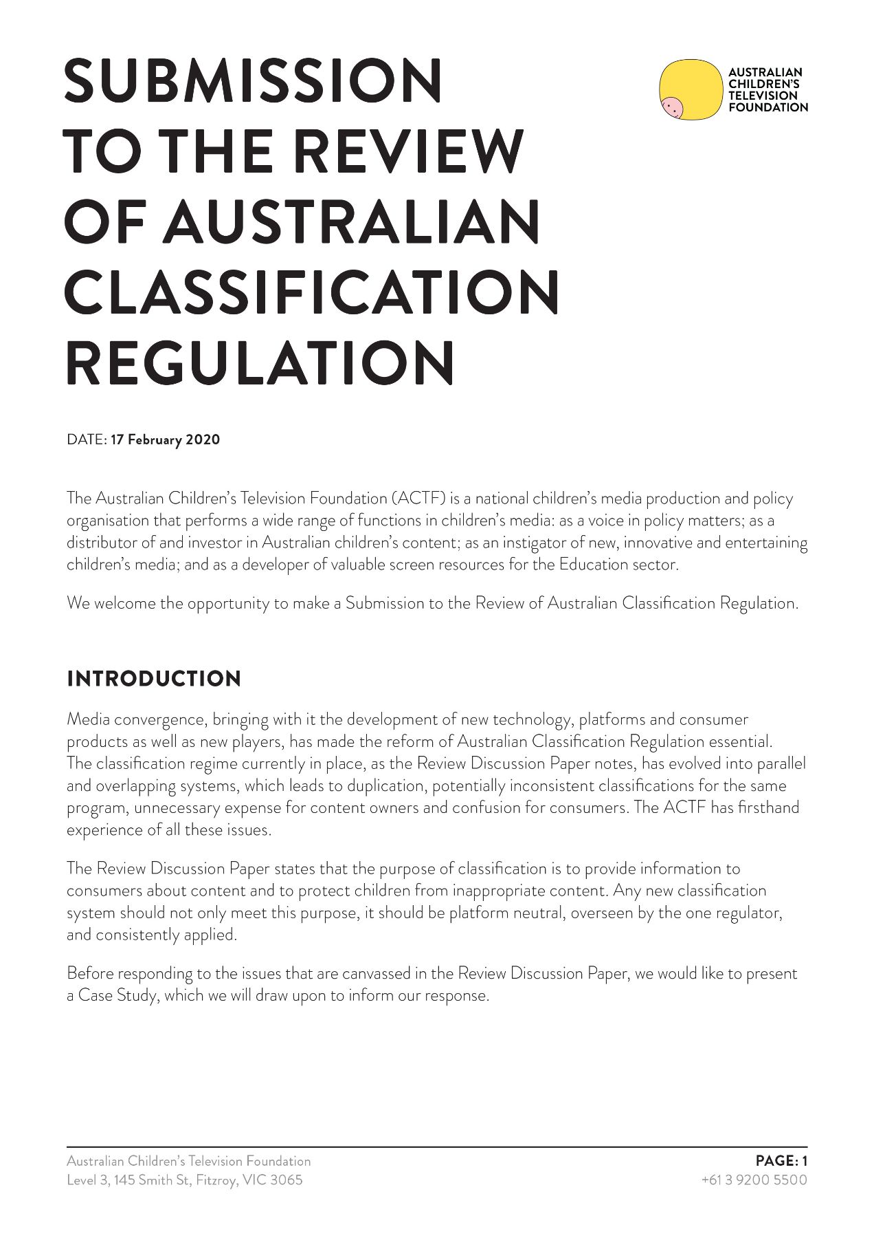 ACTF Submission to the Australian Classification Regulation Review - ACTF